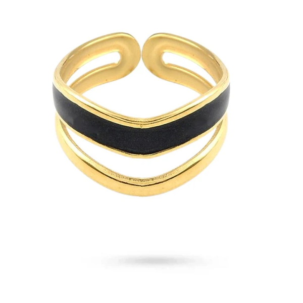 Bague Double Rang Acier Doré Émail Noir | LFAB Bijoux
